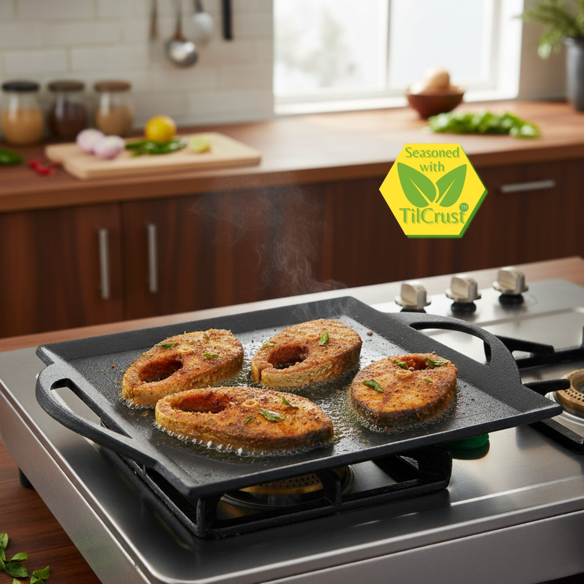 Trilonium Triple Seasoned Iron Fish fry Griddle Tawa 26 x 26 cms , Ult ...